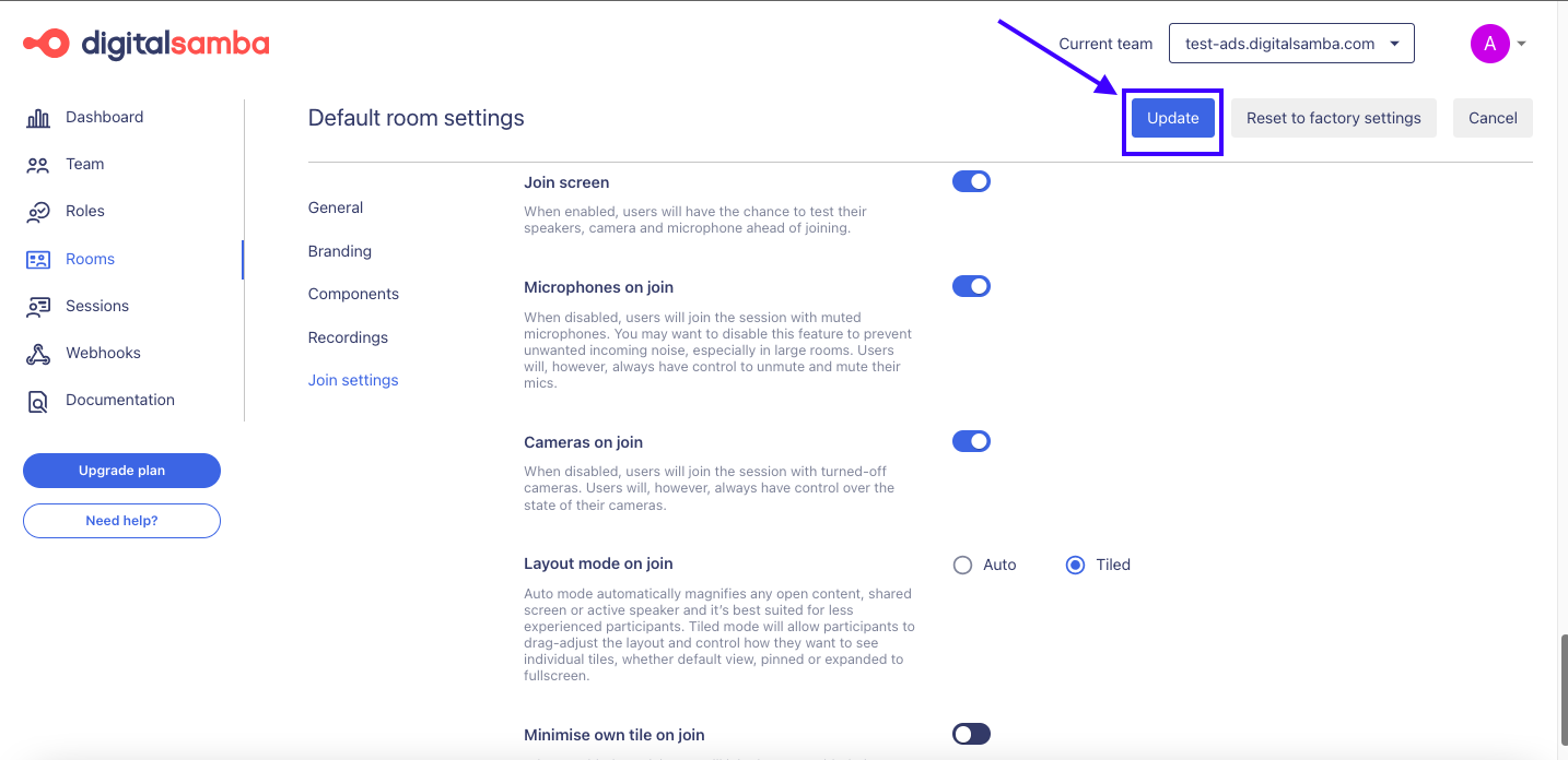 How To Configure Your Room Default In Digital Samba Using The Dashboard